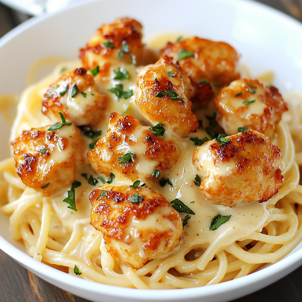 Golden Garlic Chicken Bites over Creamy Parmesan Pasta: A Delicious ...