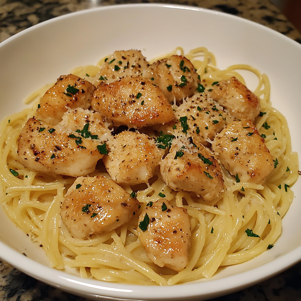 Golden Garlic Chicken Bites over Creamy Parmesan Pasta: A Delicious ...